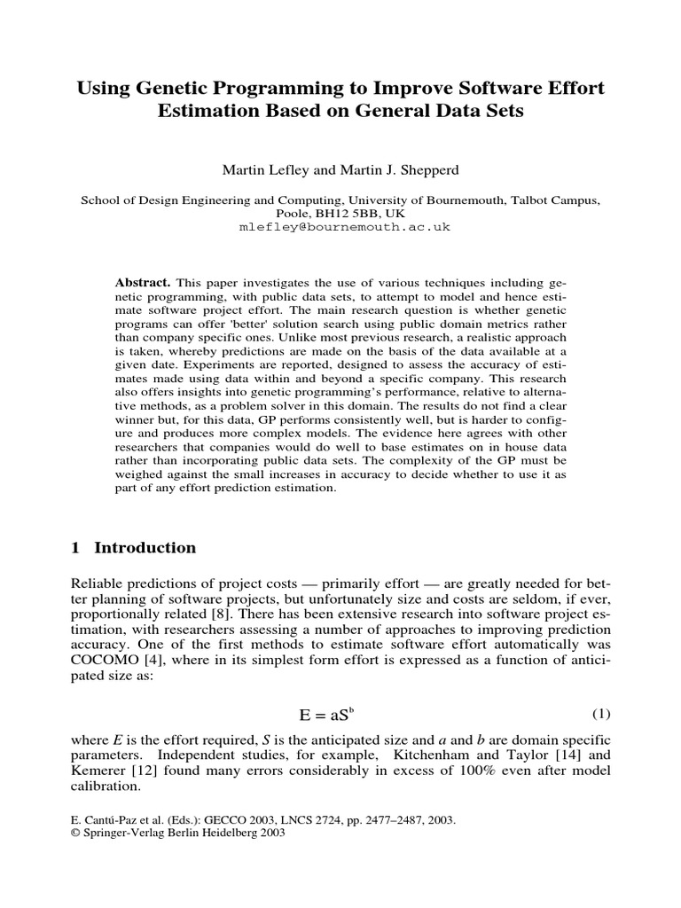 Using Genetic Programming To Improve Software Effort Estimation Based On General Data Sets | PDF ...