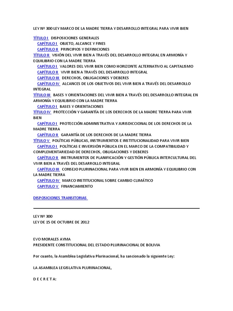 Ley #300 Ley Marco de La Madre Tierra y Desarrollo Integral para Vivir Bien | PDF | Bolivia ...