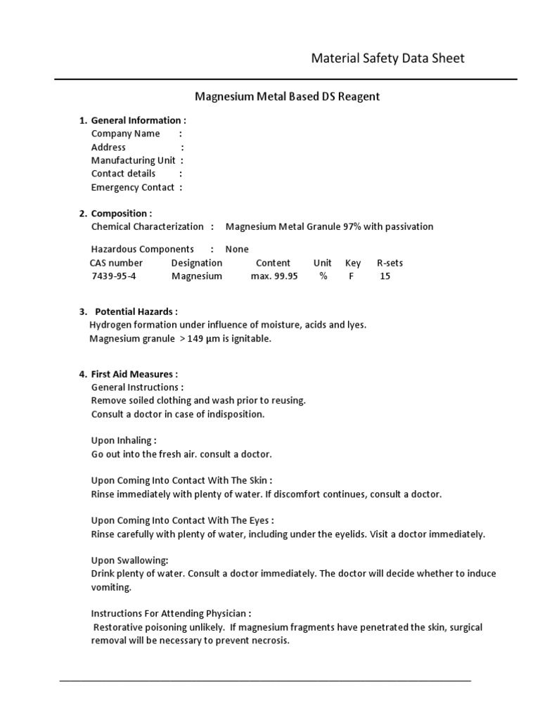 Magnesium Metal Safety Data Sheet | PDF | Magnesium | Chemical Elements