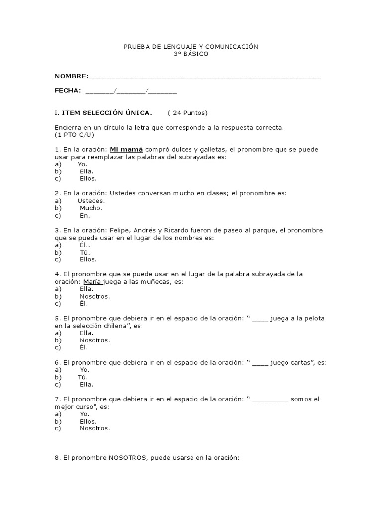 Prueba Pronombres Personales | PDF