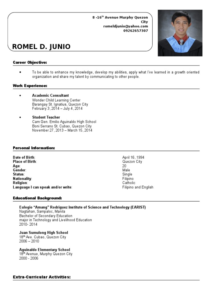 Resume With Extra Curricular | PDF | Traditions | Quality Of Life