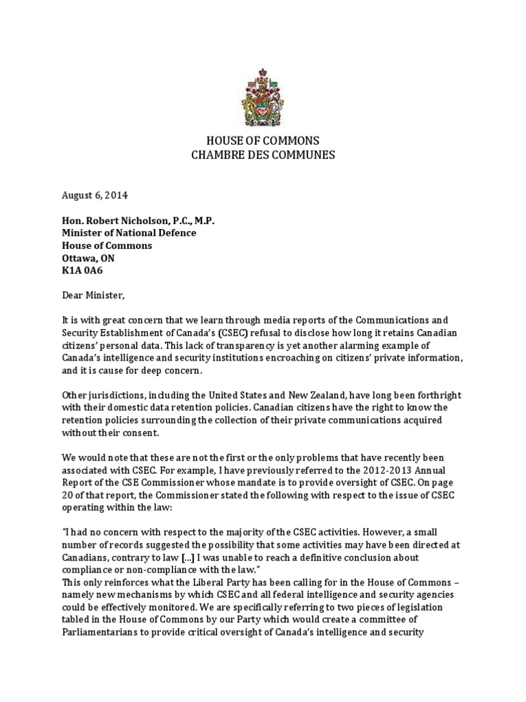 Liberal Letter To Minister of National Defence Re: CSEC | PDF ...