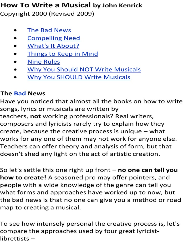 How To Write A Musical by John Kenrick PDF | PDF | Musical Theatre ...