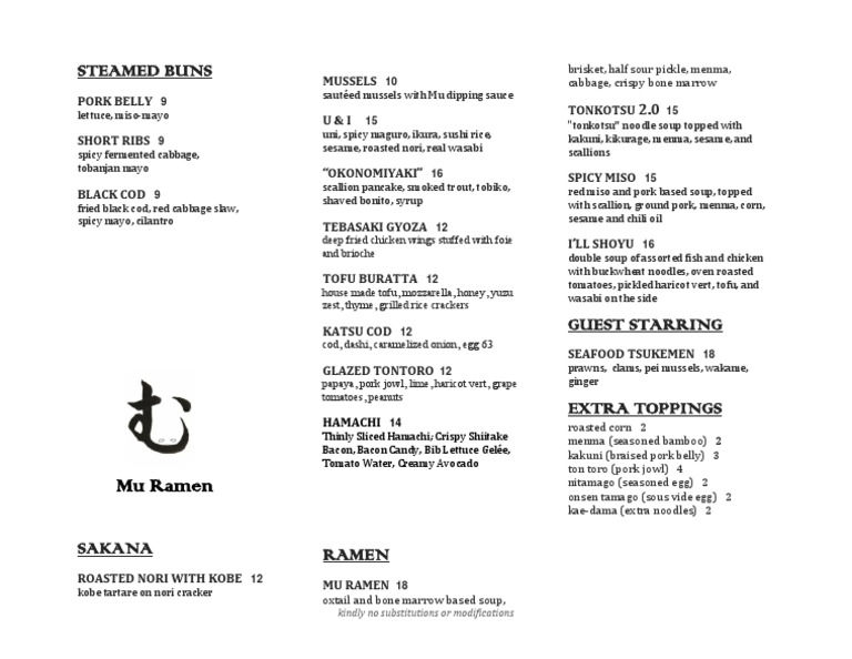 Mu Ramen Sample Menu | PDF | Cooking, Food & Wine