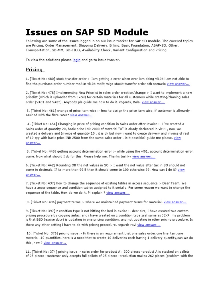 Sap Sd Issues On Sap Sd Module Pdf Invoice Pricing 4942
