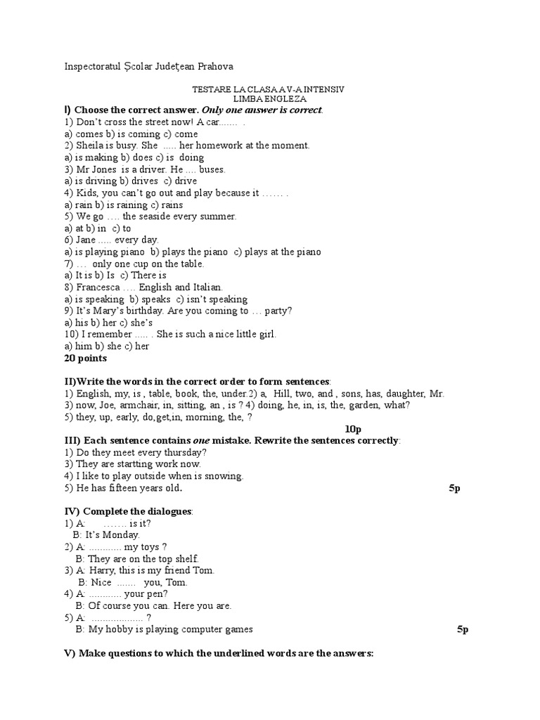 Model Testare Engleza Clasa V | PDF