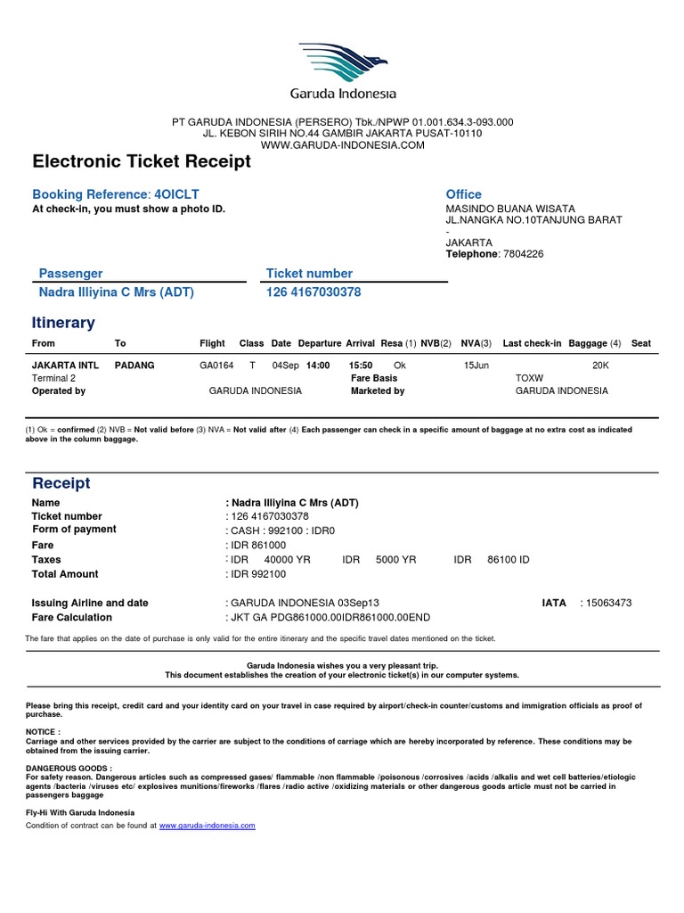 Garuda Indonesia Electronic Ticket Receipt | PDF