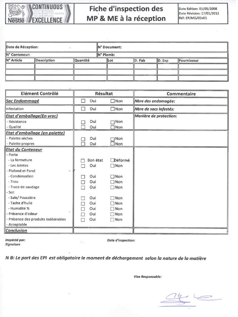 Fiche d’Inspection Des Conteneurs à La Réception