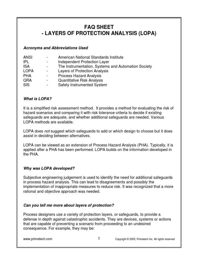 Faq Layers of Protection Analysis (Lopa) | PDF | Prevention | Risk