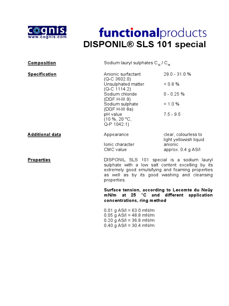 Disponil Sls 101 Special - Tds - en | PDF | Emulsion | Sodium Dodecyl Sulfate