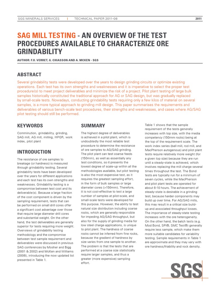 SGS MIN TP2011 08 SAG Mill Testing For Ore Grindability | PDF | Mill ...