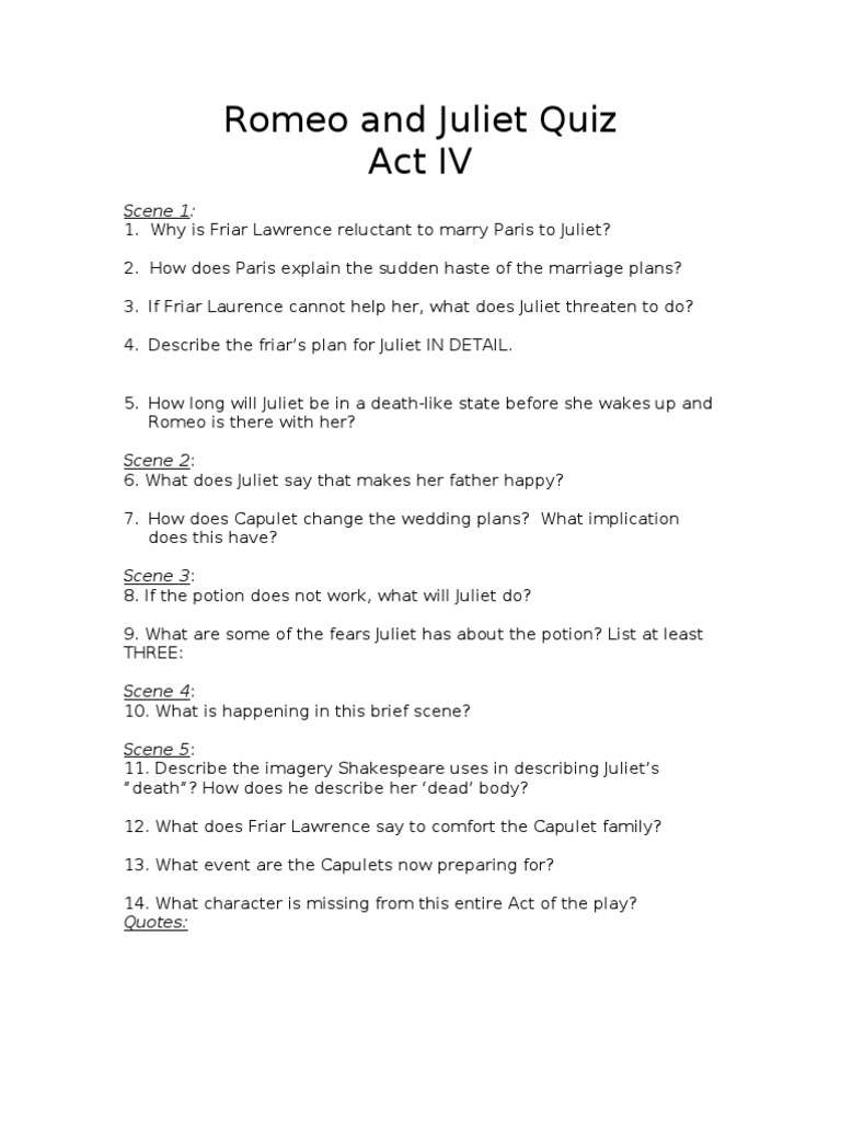 Act IV Quiz Mrs. P | PDF | Characters In Romeo And Juliet | Romeo And ...