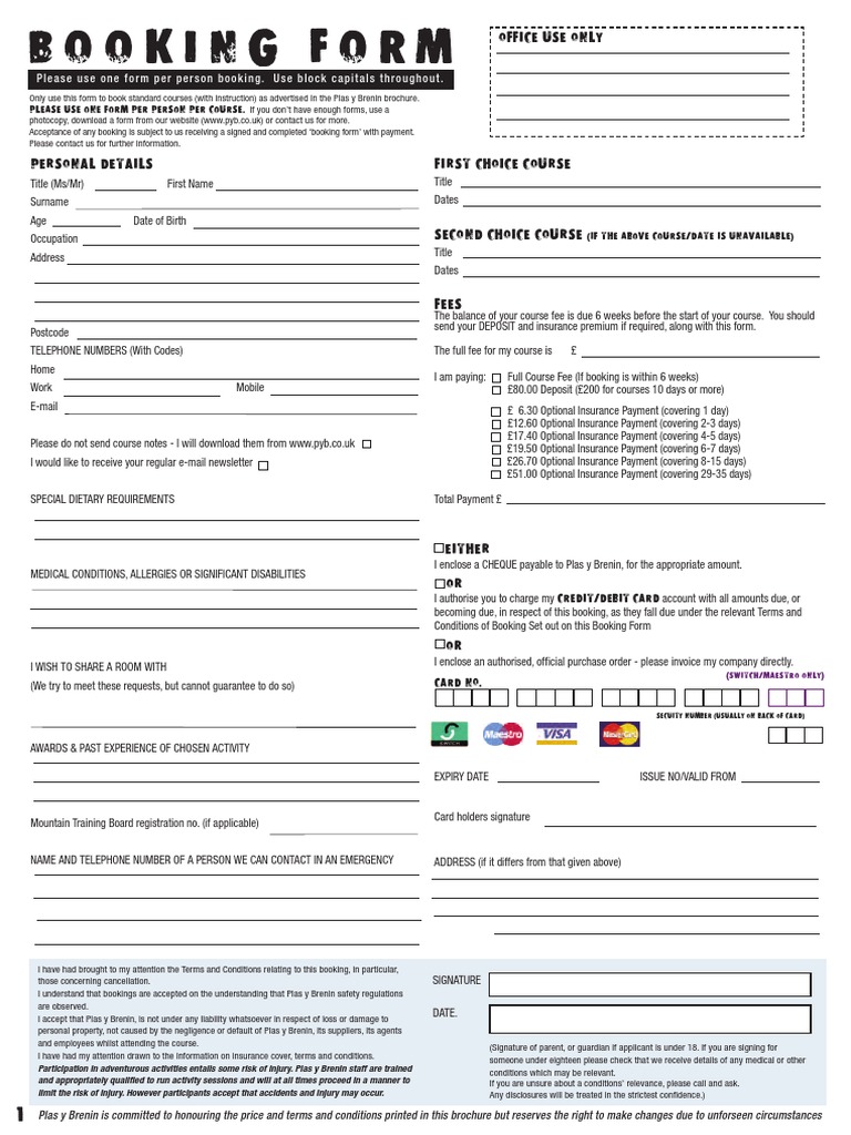 Booking Form: Office Use Only | PDF | Payments | Fee