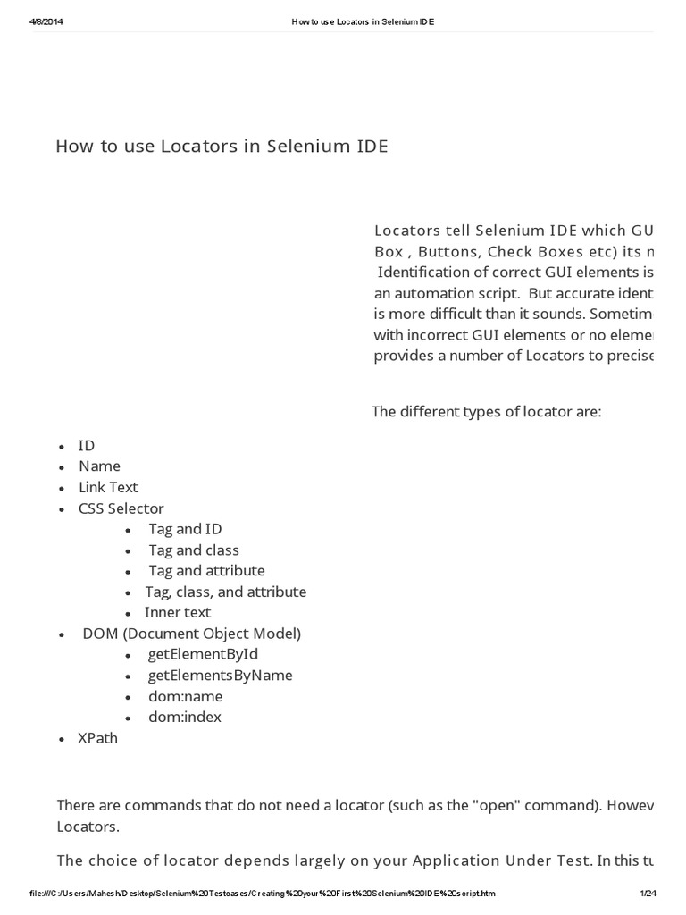 How To Use Locators in Selenium IDE | PDF | Html Element | X Path How To Use Locators in Selenium IDE | PDF | Html Element | X Path
