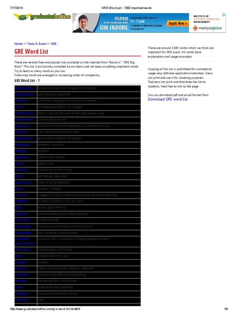 GRE Word List - 1300 Important Words | PDF | Business (General) | Schools