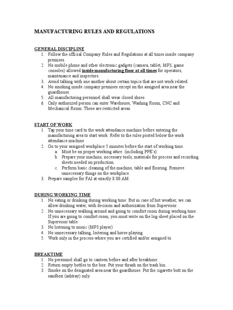 Manufacturing Rules and Regulations | PDF | Home & Garden