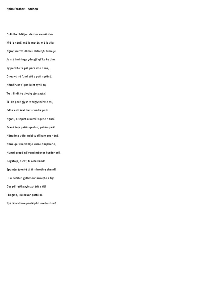Naim Frasheri - Atdheu | PDF