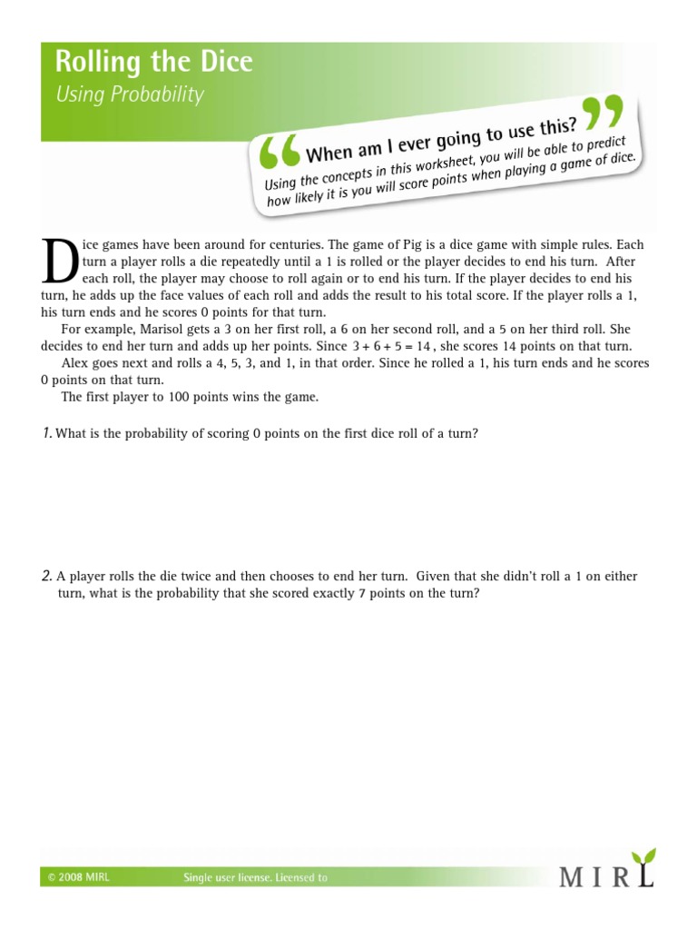 Rolling The Dice Probability | PDF | Dice | Probability