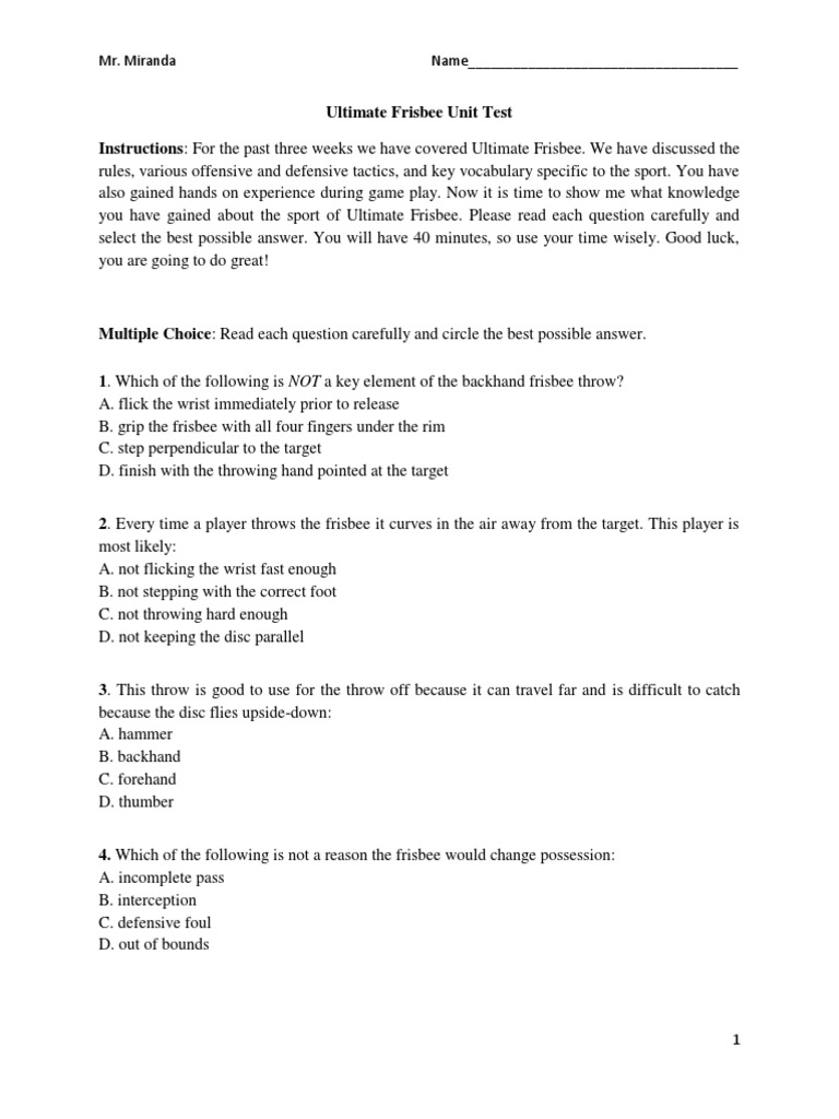 Ultimate Frisbee Unit Test | PDF | Sports | Leisure