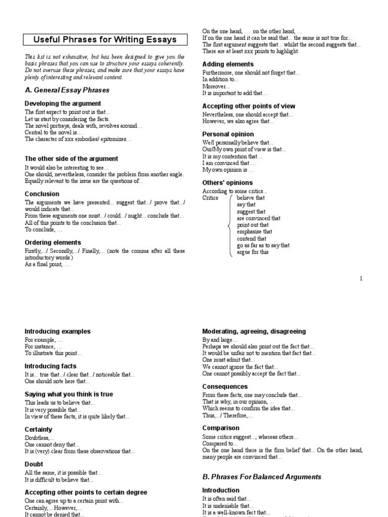 Useful Phrases For Writing Essays: A. General Essay Phrases | PDF ...