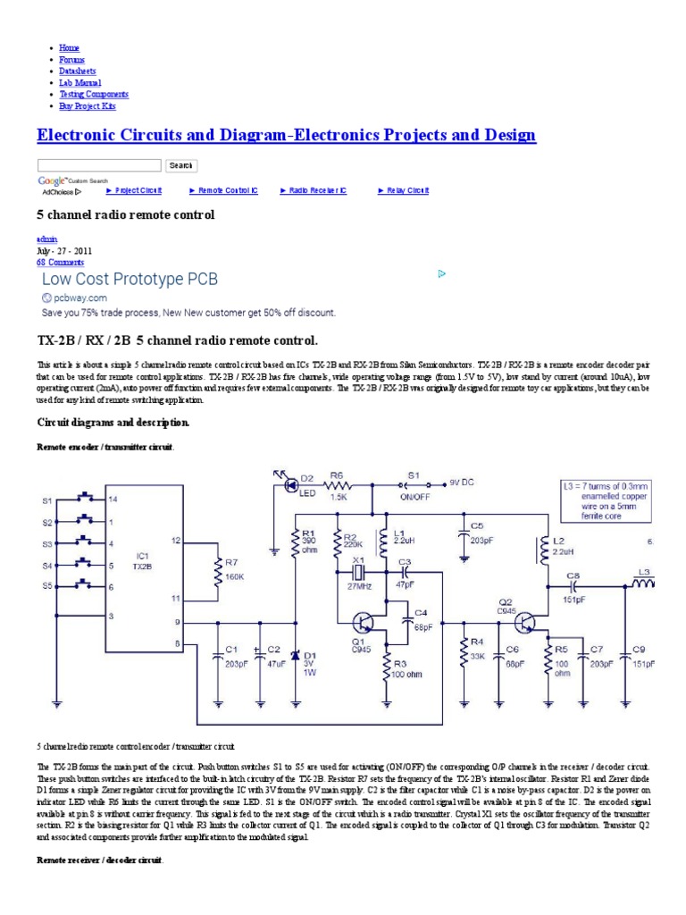 5 Channel Radio Remote Control Circuit Based of TX-2B - RX - 2B Pair ...