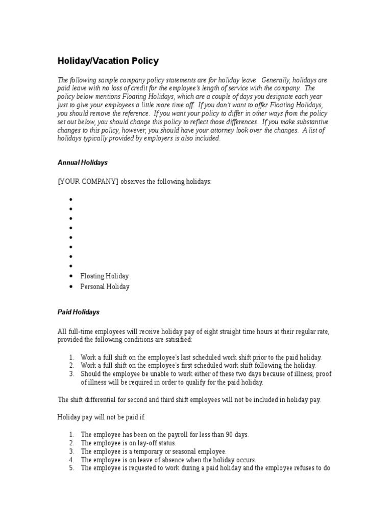 Holiday/Vacation Policy: Annual Holidays | PDF | Economies | Labour
