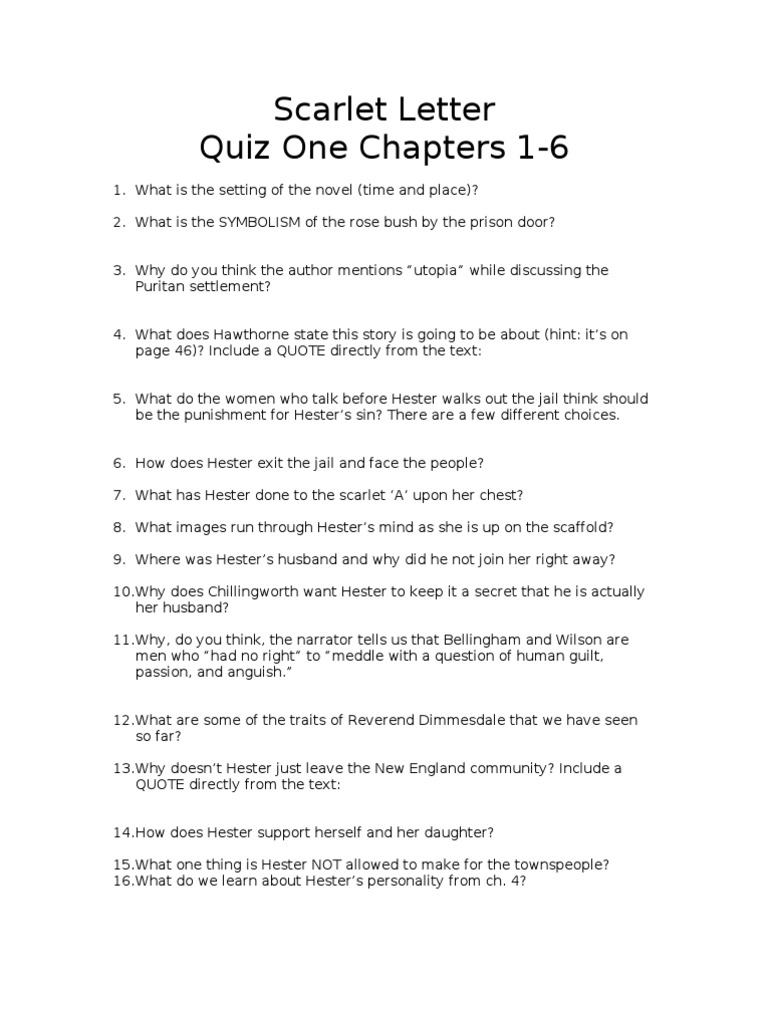 Scarlet Letter Quiz One Chapters 1-6 | PDF | The Scarlet Letter | Novels