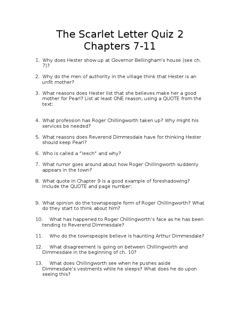 The Scarlet Letter Quiz 2 Chapters 7-11 | Download Free PDF | The ...