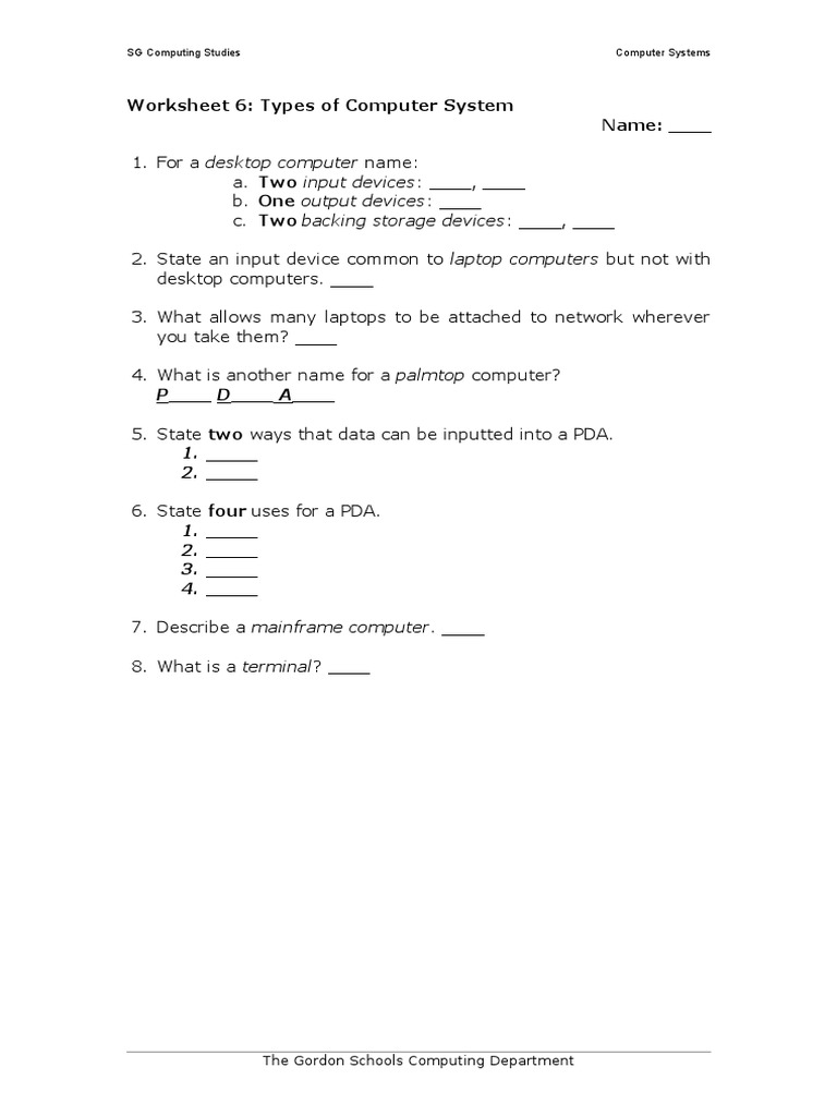 Computer Systems Basics Worksheet | PDF | Technology & Engineering