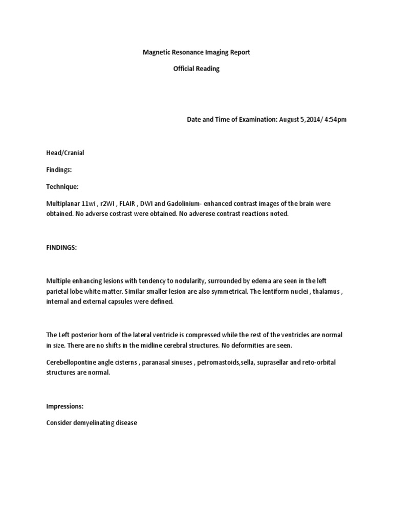 MRI Brain Report: Demyelinating Disease | PDF