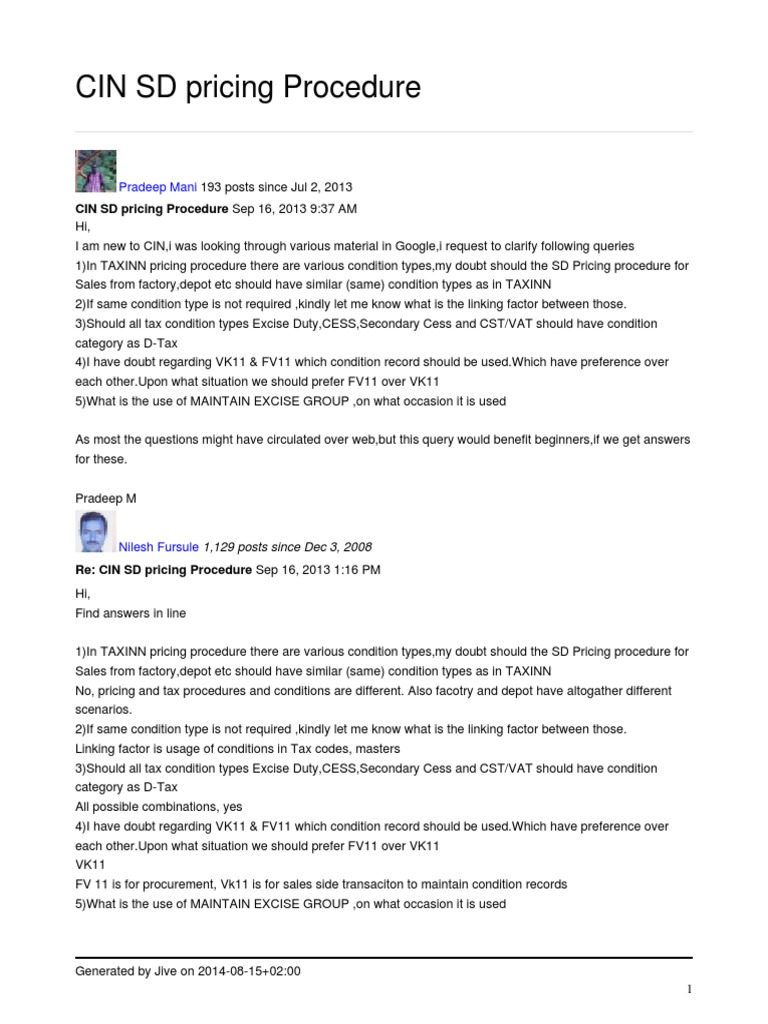 CIN SD Pricing Procedure | PDF | Excise | Taxation