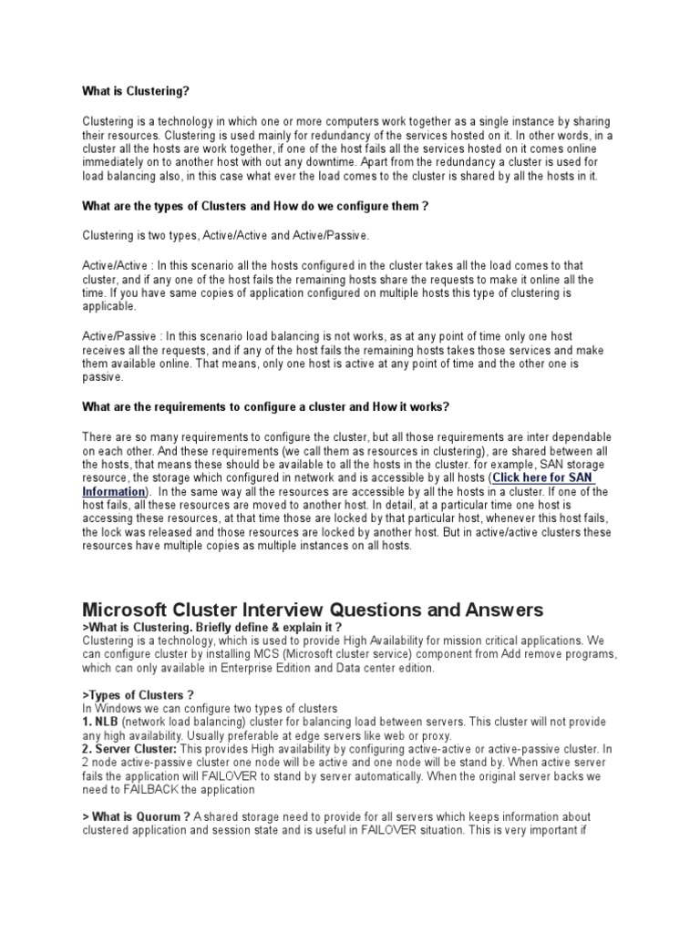Microsoft Cluster Interview Questions and Answers: What Is Clustering? | PDF | Computer Cluster ...