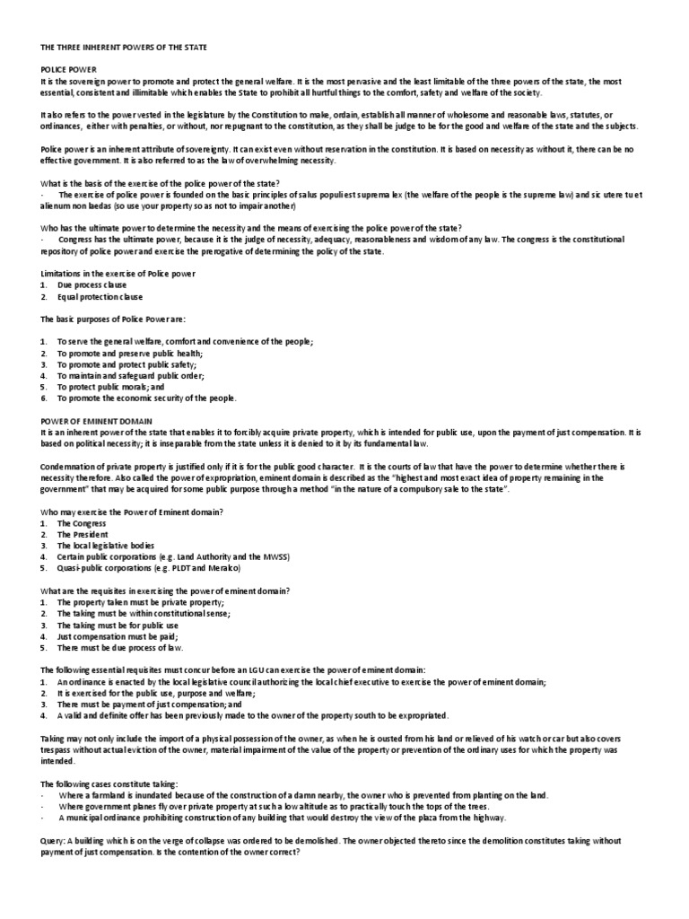 The Three Inherent Powers of The State | PDF | Eminent Domain | Police ...