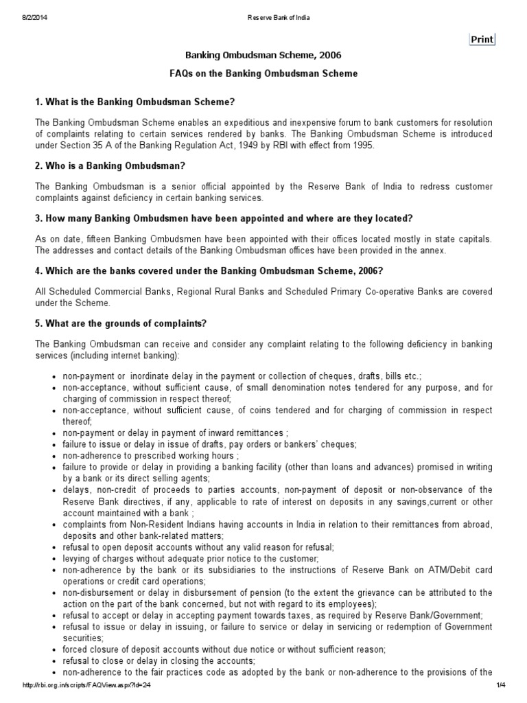 Banking Ombudsman | PDF | Banks | Reserve Bank Of India
