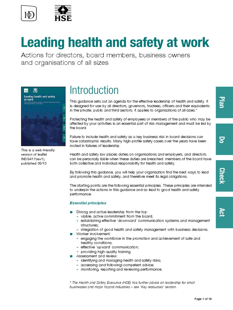 Leading Safety at Work | PDF | Occupational Safety And Health | Board ...