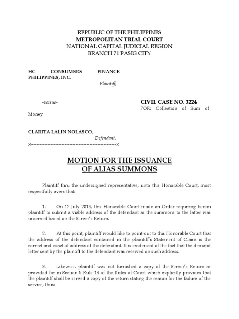 Motion Requesting Issuance of Alias Summons Due to Defective Server's Return in a Collection ...