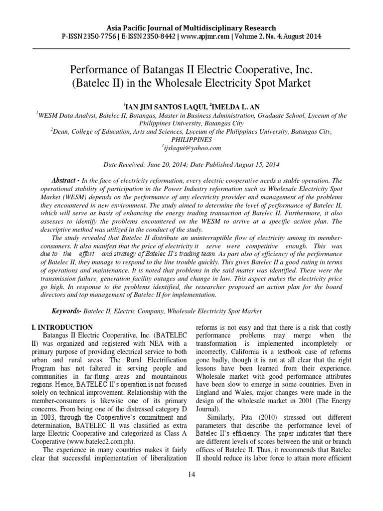 Performance of Batangas II Electric Cooperative, Inc. (Batelec II) in ...