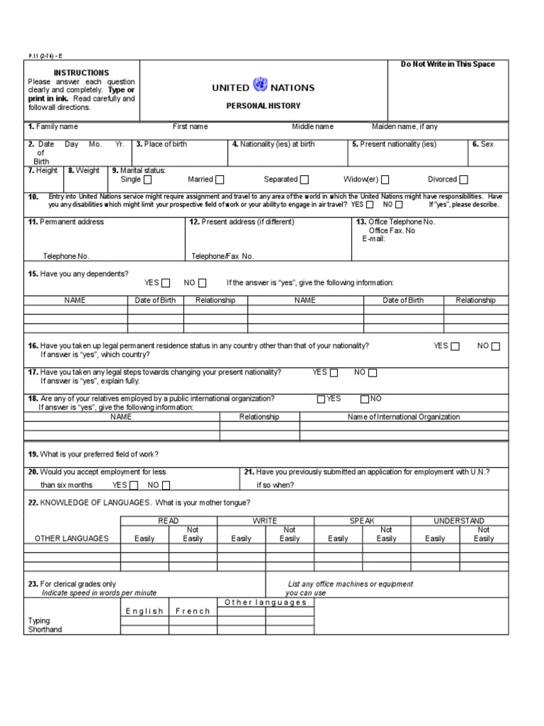 UN Personal History Form (P-11) | Download Free PDF | Employment | Salary