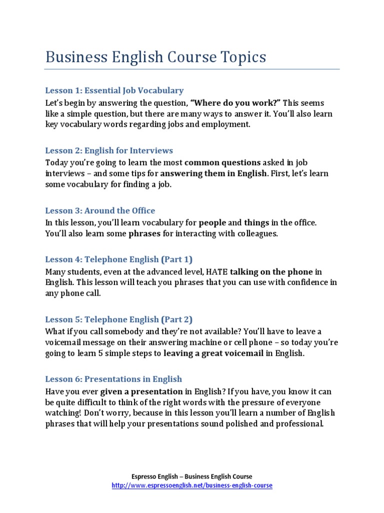 Business English Course Overview | PDF | Idiom | English Language