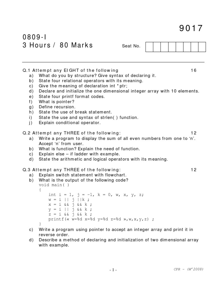 CPR MSBTE - Winter 2008 | PDF | C (Programming Language) | Pointer (Computer Programming)