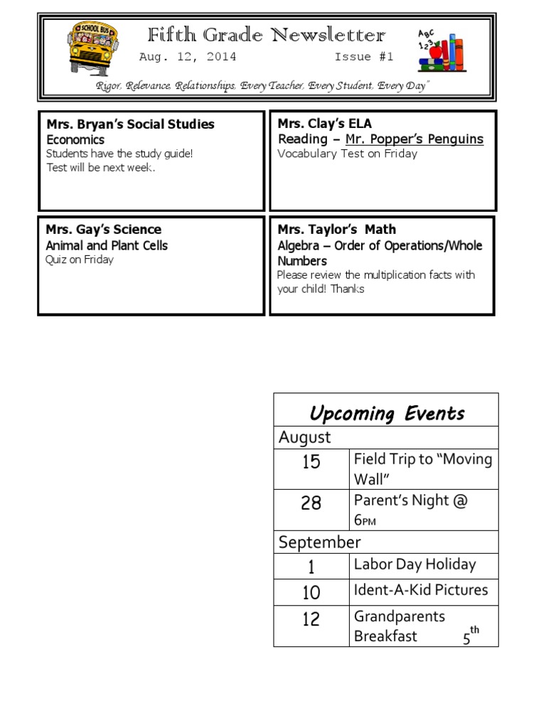 Fifth Grade Newsletter - August 2014 | PDF | Wellness