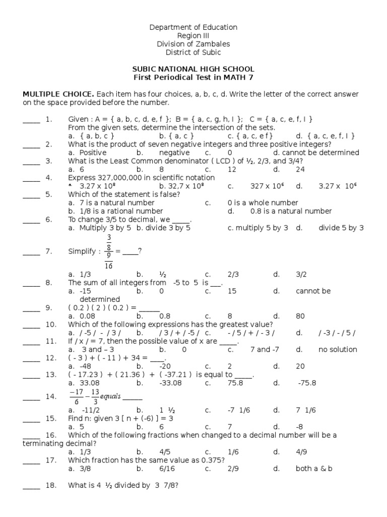Math 7 - Periodical Test | PDF | Fraction (Mathematics) | Arithmetic