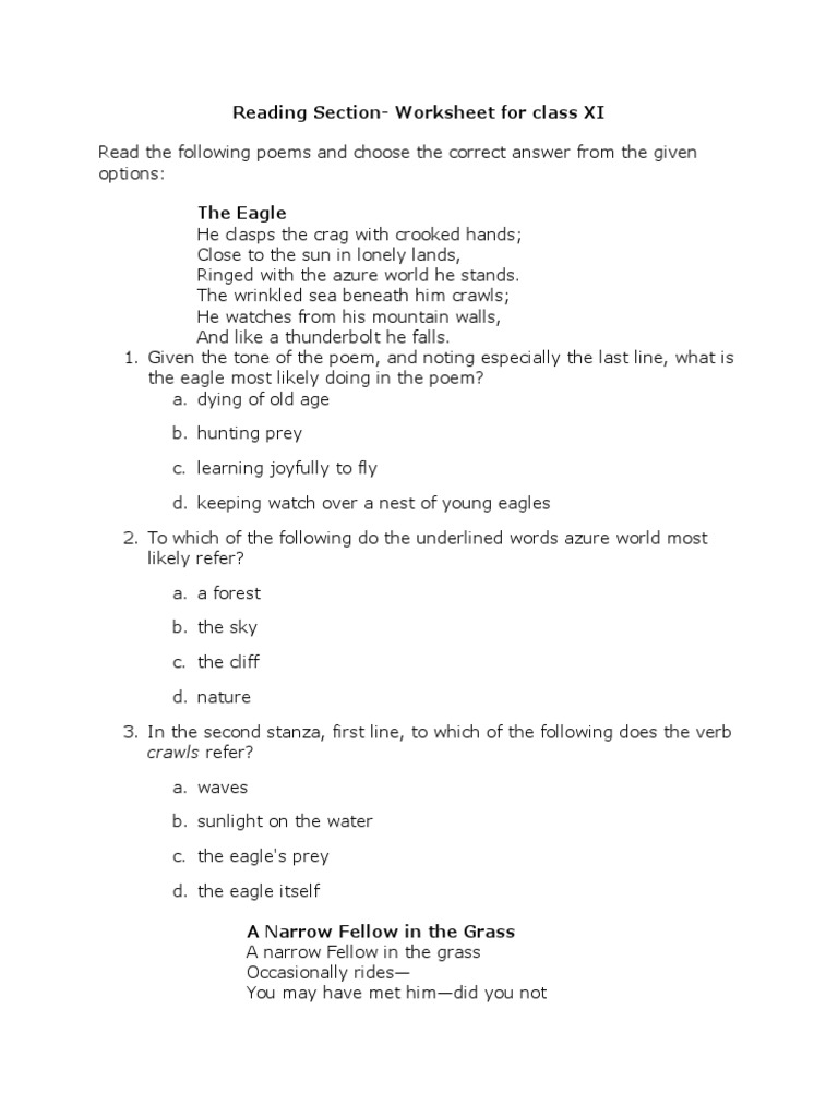 Reading Section Worksheet XI | PDF