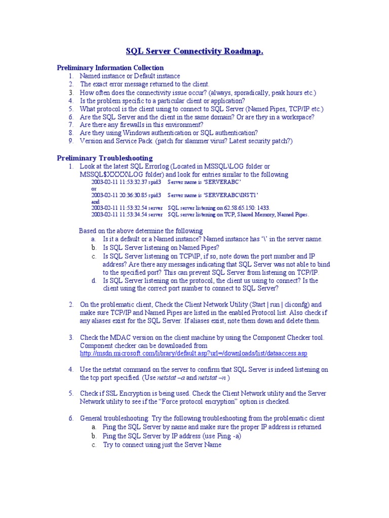 SQL Server Connectivity Roadmap.: Preliminary Troubleshooting | PDF | Port (Computer Networking ...