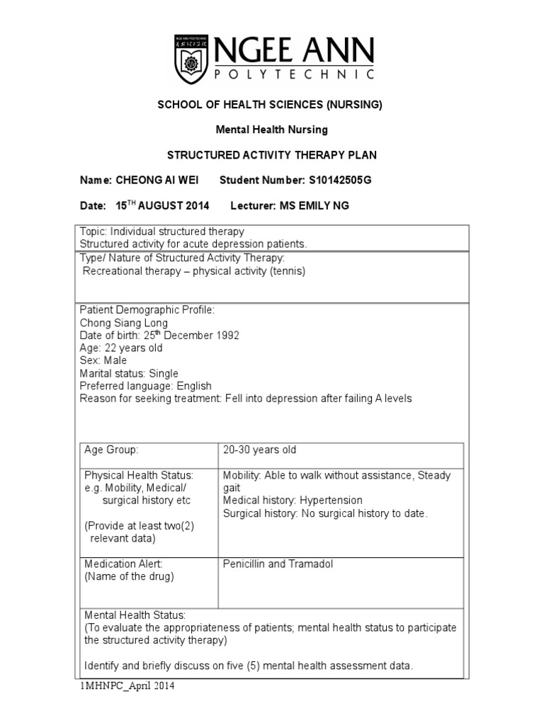 MHNPC (April 2014) Term 2 Individual Structured Therapy Activity Plan | PDF | Mental Health ...