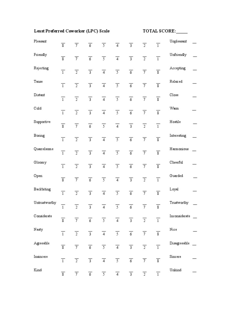 Least Preferred Coworker Scale | Quality Of Life | Behavioural Sciences