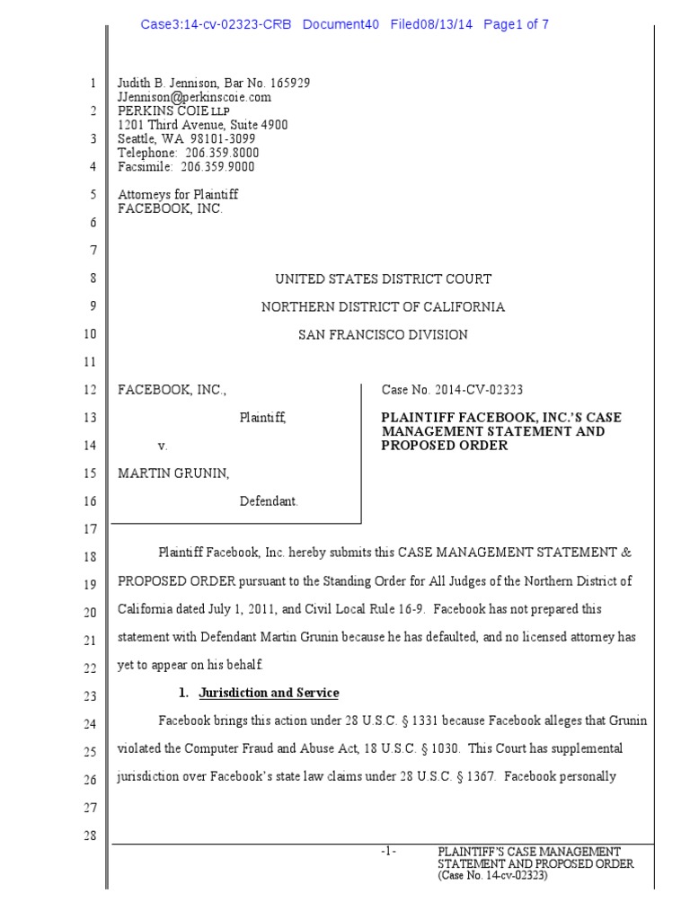 Facebook V Martin Grunin - Case Management Statement 8-13 | PDF ...