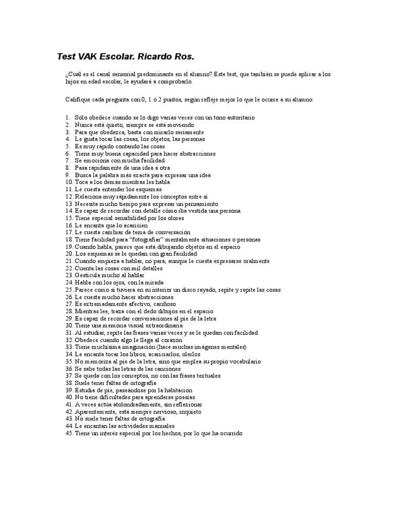 Test VAK Escolar. Ricardo Ros. | PDF
