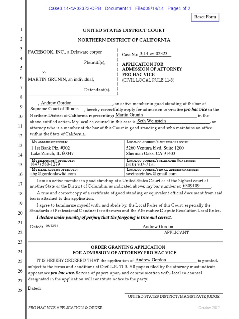 Motion For Pro Hac Vice - Doc41 Grunin | PDF | Pro Hac Vice | Standing ...