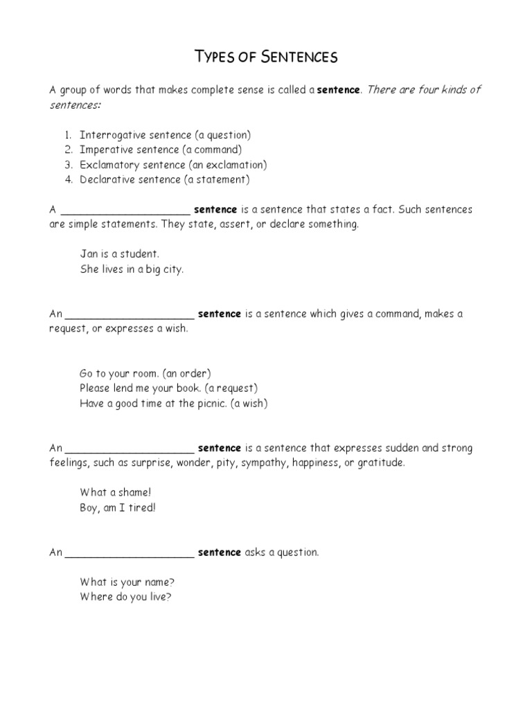 Types of Sentences Worksheet | PDF | Sentence (Linguistics) | Adjective